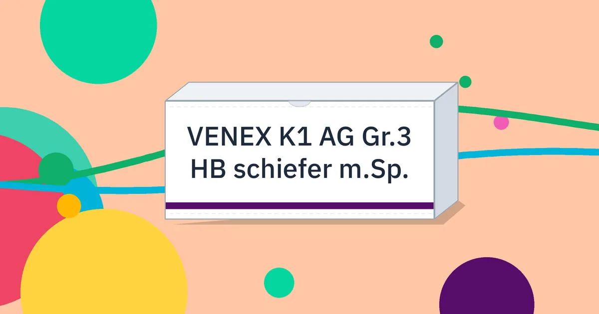 Symbolbild: Packung mit der Aufschrift VENEX K1 AG Gr.3 HB schiefer m.Sp. (PZN 03191785) – Verfügbarkeit und Bezug in Apotheken in Frankfurt am Main