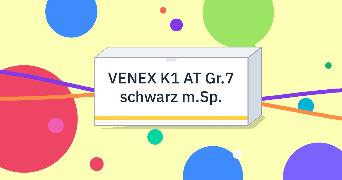 Symbolbild: Packung mit der Aufschrift VENEX K1 AT Gr.7 schwarz m.Sp. (PZN 03196943) – Verfügbarkeit und Bezug in Apotheken in Frankfurt am Main