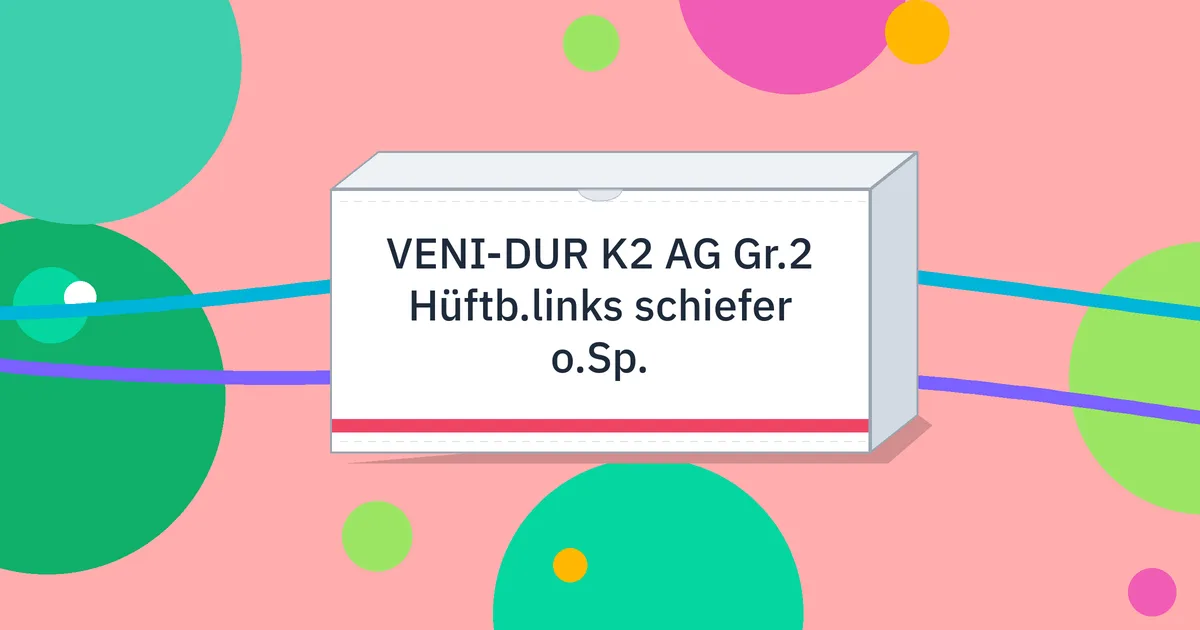 Symbolbild: Packung mit der Aufschrift VENI-DUR K2 AG Gr.2 Hüftb.links schiefer o.Sp. (PZN 03253925) – Verfügbarkeit und Bezug in Apotheken in Frankfurt am Main