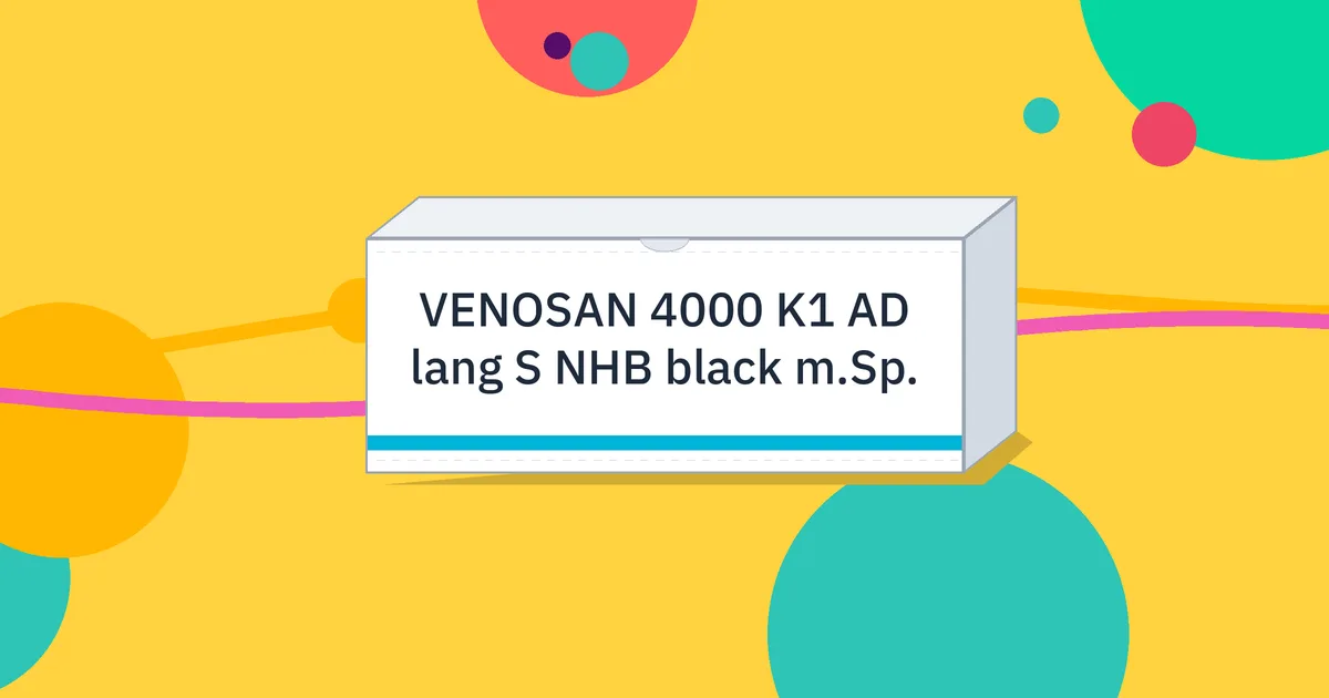 Symbolbild: Packung mit der Aufschrift VENOSAN 4000 K1 AD lang S NHB black m.Sp. (PZN 14426501) – Verfügbarkeit und Bezug in Apotheken in Frankfurt am Main