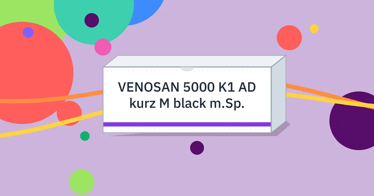 Symbolbild: Packung mit der Aufschrift VENOSAN 5000 K1 AD kurz M black m.Sp. (PZN 14432559) – Verfügbarkeit und Bezug in Apotheken in Frankfurt am Main