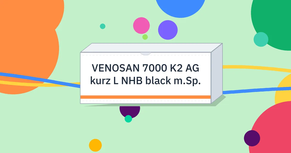 Symbolbild: Packung mit der Aufschrift VENOSAN 7000 K2 AG kurz L NHB black m.Sp. (PZN 14436043) – Verfügbarkeit und Bezug in Apotheken in Frankfurt am Main