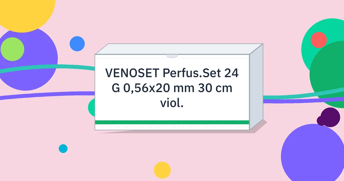 Symbolbild: Packung mit der Aufschrift VENOSET Perfus.Set 24 G 0,56x20 mm 30 cm viol. (PZN 13846810) – Verfügbarkeit und Bezug in Apotheken in Frankfurt am Main