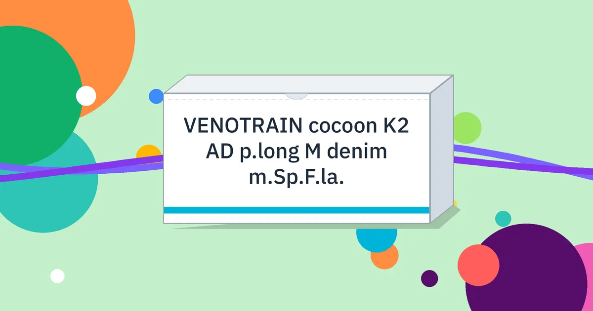 Symbolbild: Packung mit der Aufschrift VENOTRAIN cocoon K2 AD p.long M denim m.Sp.F.la. (PZN 19199240) – Verfügbarkeit und Bezug in Apotheken in Frankfurt am Main