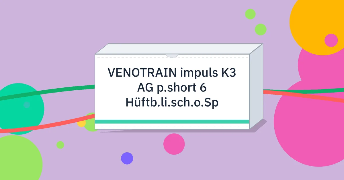 Symbolbild: Packung mit der Aufschrift VENOTRAIN impuls K3 AG p.short 6 Hüftb.li.sch.o.Sp (PZN 10296065) – Verfügbarkeit und Bezug in Apotheken in Frankfurt am Main
