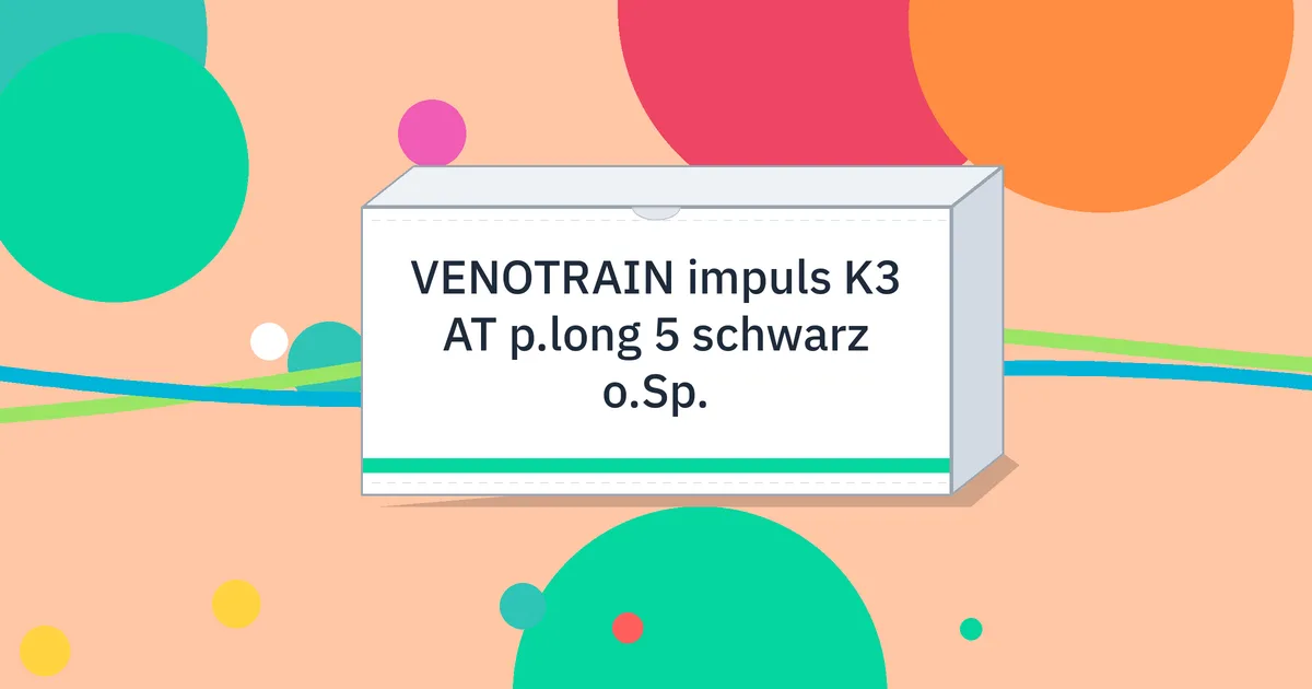 Symbolbild: Packung mit der Aufschrift VENOTRAIN impuls K3 AT p.long 5 schwarz o.Sp. (PZN 19356633) – Verfügbarkeit und Bezug in Apotheken in Frankfurt am Main