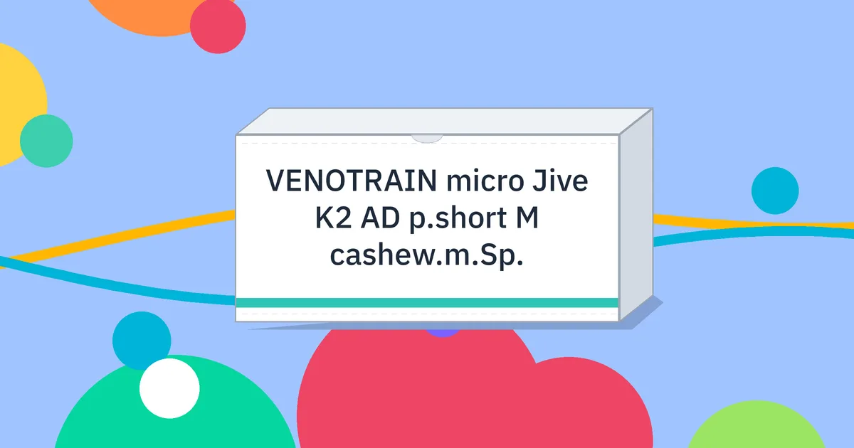 Symbolbild: Packung mit der Aufschrift VENOTRAIN micro Jive K2 AD p.short M cashew.m.Sp. (PZN 20768482) – Verfügbarkeit und Bezug in Apotheken in Frankfurt am Main