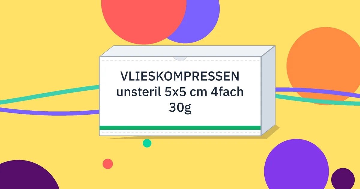 Symbolbild: Packung mit der Aufschrift VLIESKOMPRESSEN unsteril 5x5 cm 4fach 30g (PZN 01450254) – Verfügbarkeit und Bezug in Apotheken in Frankfurt am Main