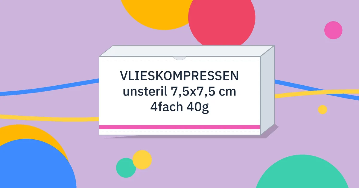 Symbolbild: Packung mit der Aufschrift VLIESKOMPRESSEN unsteril 7,5x7,5 cm 4fach 40g (PZN 04852898) – Verfügbarkeit und Bezug in Apotheken in Frankfurt am Main
