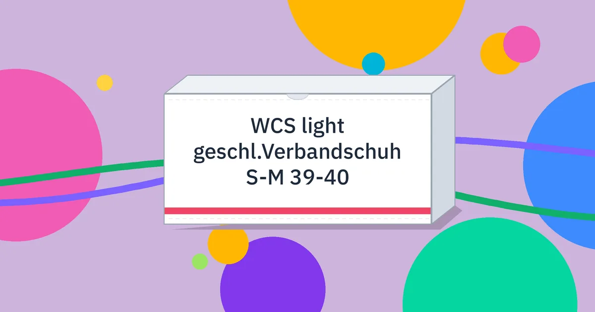 Symbolbild: Packung mit der Aufschrift WCS light geschl.Verbandschuh S-M 39-40 (PZN 16629792) – Verfügbarkeit und Bezug in Apotheken in Frankfurt am Main