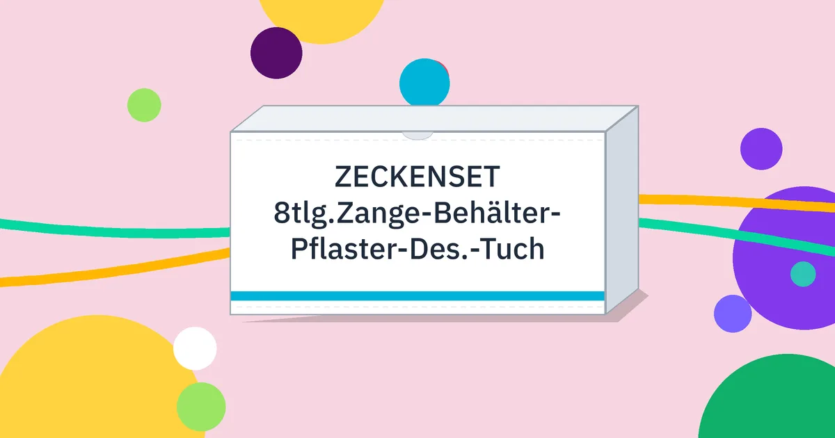 Symbolbild: Packung mit der Aufschrift ZECKENSET 8tlg.Zange-Behälter-Pflaster-Des.-Tuch (PZN 14221578) – Verfügbarkeit und Bezug in Apotheken in Frankfurt am Main