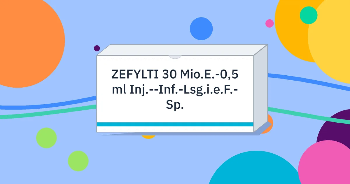 Symbolbild: Packung mit der Aufschrift ZEFYLTI 30 Mio.E.-0,5 ml Inj.--Inf.-Lsg.i.e.F.-Sp. (PZN 20391178) – Verfügbarkeit und Bezug in Apotheken in Frankfurt am Main