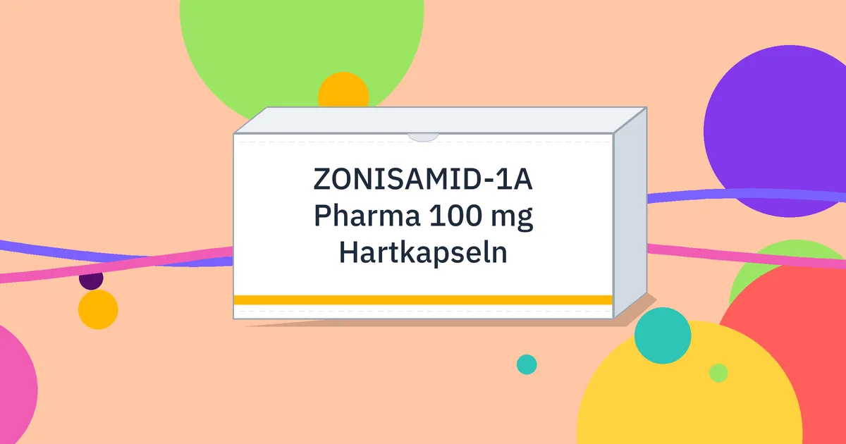 Symbolbild: Packung mit der Aufschrift ZONISAMID-1A Pharma 100 mg Hartkapseln (PZN 11725143) – Verfügbarkeit und Bezug in Apotheken in Frankfurt am Main