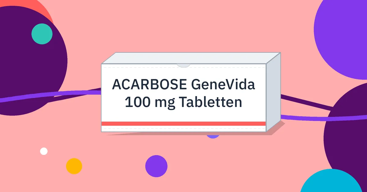 Symbolbild: Packung mit der Aufschrift ACARBOSE GeneVida 100 mg Tabletten (PZN 12559296) – Verfügbarkeit und Bezug in Apotheken in Frankfurt am Main