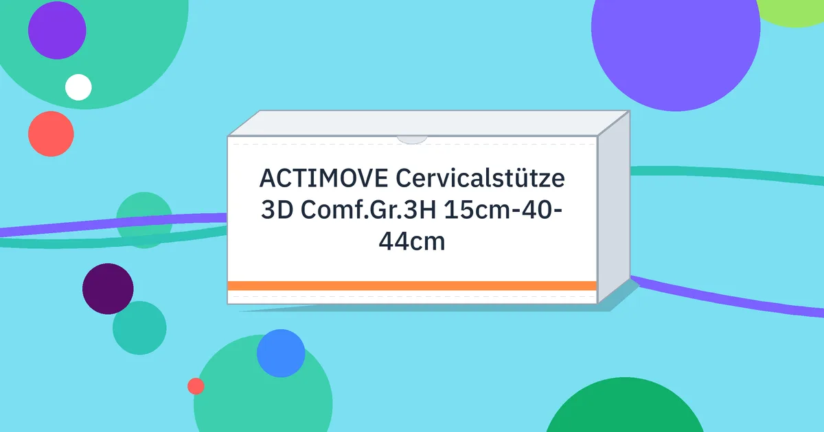 Symbolbild: Packung mit der Aufschrift ACTIMOVE Cervicalstütze 3D Comf.Gr.3H 15cm-40-44cm (PZN 17949079) – Verfügbarkeit und Bezug in Apotheken in Frankfurt am Main