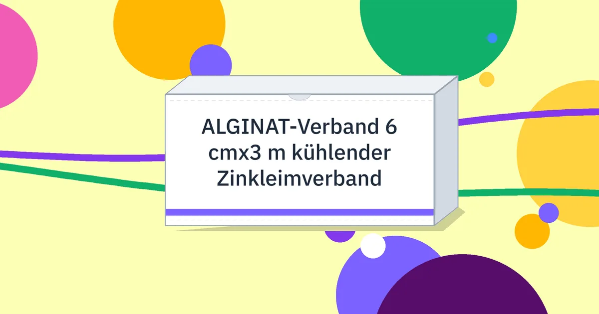 Symbolbild: Packung mit der Aufschrift ALGINAT-Verband 6 cmx3 m kühlender Zinkleimverband (PZN 14179333) – Verfügbarkeit und Bezug in Apotheken in Frankfurt am Main