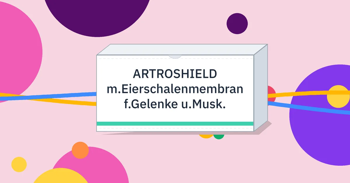 Symbolbild: Packung mit der Aufschrift ARTROSHIELD m.Eierschalenmembran f.Gelenke u.Musk. (PZN 19643226) – Verfügbarkeit und Bezug in Apotheken in Frankfurt am Main