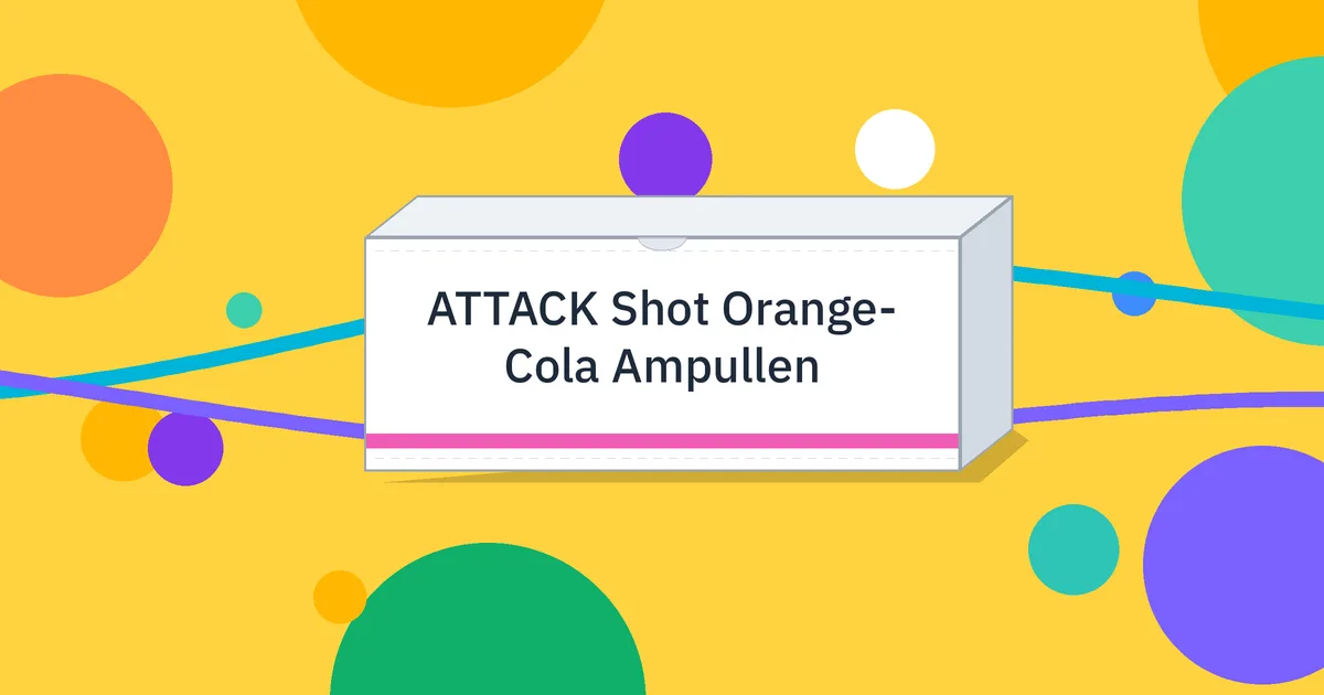 Symbolbild: Packung mit der Aufschrift ATTACK Shot Orange-Cola Ampullen (PZN 13572353) – Verfügbarkeit und Bezug in Apotheken in Frankfurt am Main