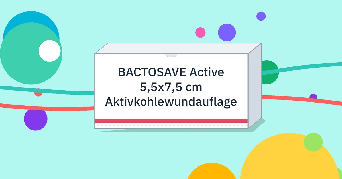 Symbolbild: Packung mit der Aufschrift BACTOSAVE Active 5,5x7,5 cm Aktivkohlewundauflage (PZN 19903526) – Verfügbarkeit und Bezug in Apotheken in Frankfurt am Main