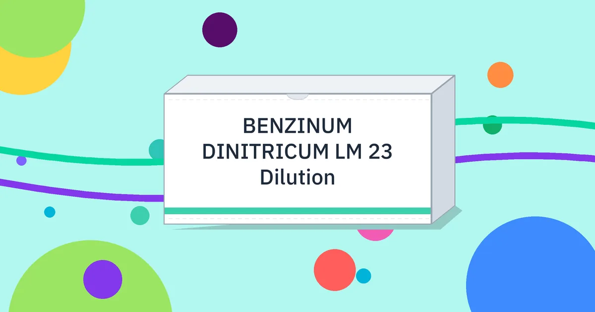 Symbolbild: Packung mit der Aufschrift BENZINUM DINITRICUM LM 23 Dilution (PZN 13382463) – Verfügbarkeit und Bezug in Apotheken in Frankfurt am Main