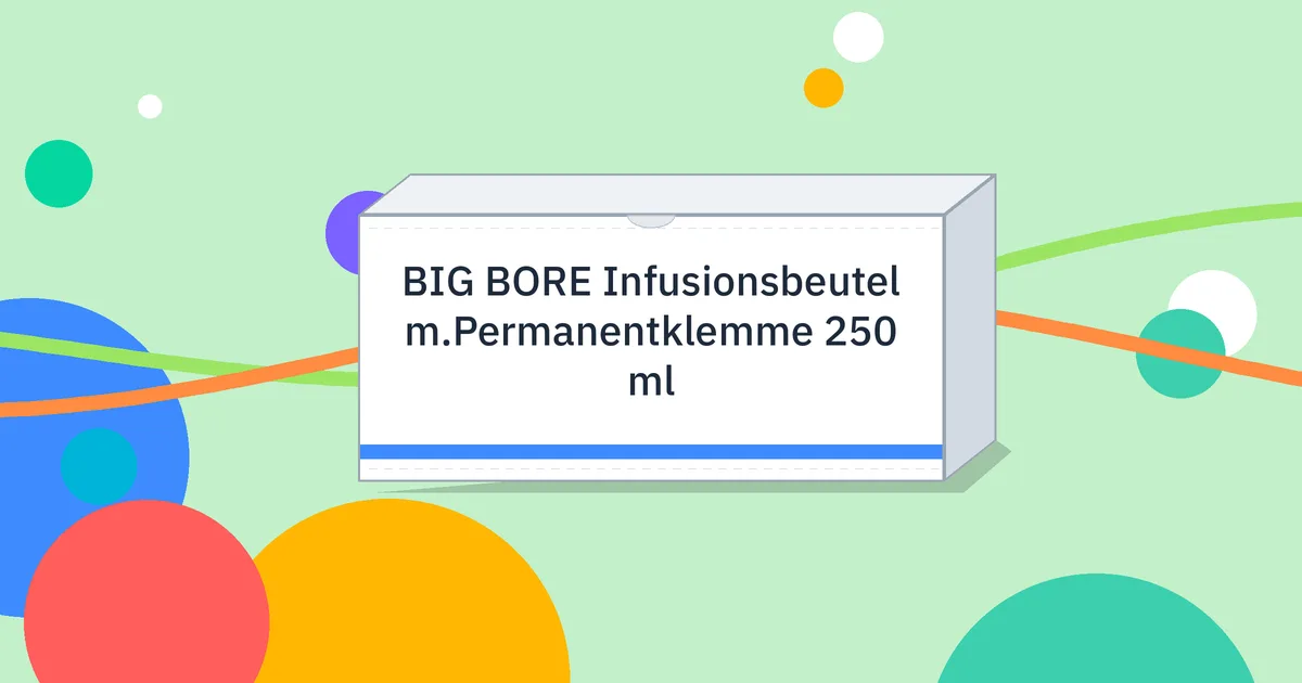 Symbolbild: Packung mit der Aufschrift BIG BORE Infusionsbeutel m.Permanentklemme 250 ml (PZN 10749414) – Verfügbarkeit und Bezug in Apotheken in Frankfurt am Main