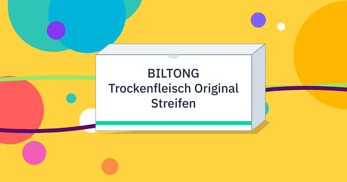 Symbolbild: Packung mit der Aufschrift BILTONG Trockenfleisch Original Streifen (PZN 19660207) – Verfügbarkeit und Bezug in Apotheken in Frankfurt am Main