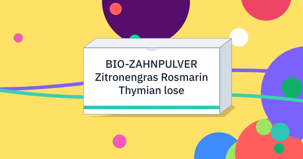 Symbolbild: Packung mit der Aufschrift BIO-ZAHNPULVER Zitronengras Rosmarin Thymian lose (PZN 18326989) – Verfügbarkeit und Bezug in Apotheken in Frankfurt am Main