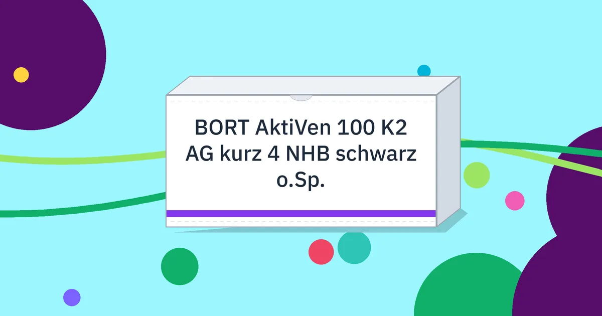Symbolbild: Packung mit der Aufschrift BORT AktiVen 100 K2 AG kurz 4 NHB schwarz o.Sp. (PZN 14387416) – Verfügbarkeit und Bezug in Apotheken in Frankfurt am Main