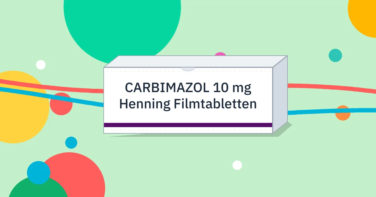 Symbolbild: Packung mit der Aufschrift CARBIMAZOL 10 mg Henning Filmtabletten (PZN 02532586) – Verfügbarkeit und Bezug in Apotheken in Frankfurt am Main