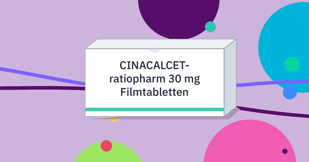 Symbolbild: Packung mit der Aufschrift CINACALCET-ratiopharm 30 mg Filmtabletten (PZN 16129865) – Verfügbarkeit und Bezug in Apotheken in Frankfurt am Main