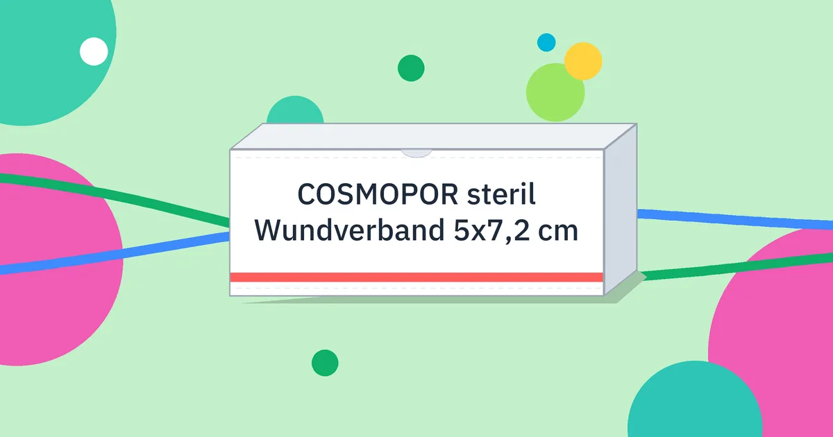 Symbolbild: Packung mit der Aufschrift COSMOPOR steril Wundverband 5x7,2 cm (PZN 12476044) – Verfügbarkeit und Bezug in Apotheken in Frankfurt am Main