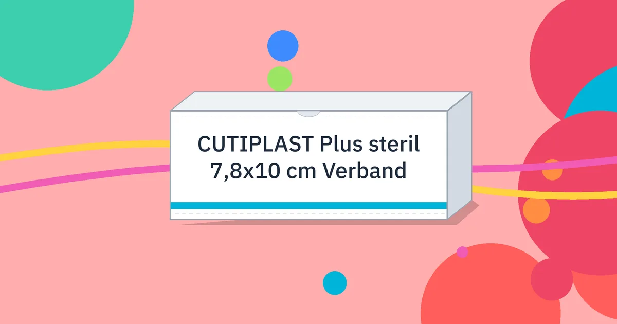 Symbolbild: Packung mit der Aufschrift CUTIPLAST Plus steril 7,8x10 cm Verband (PZN 17447573) – Verfügbarkeit und Bezug in Apotheken in Frankfurt am Main