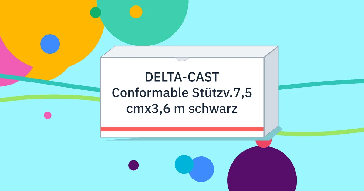 Symbolbild: Packung mit der Aufschrift DELTA-CAST Conformable Stützv.7,5 cmx3,6 m schwarz (PZN 02845925) – Verfügbarkeit und Bezug in Apotheken in Frankfurt am Main