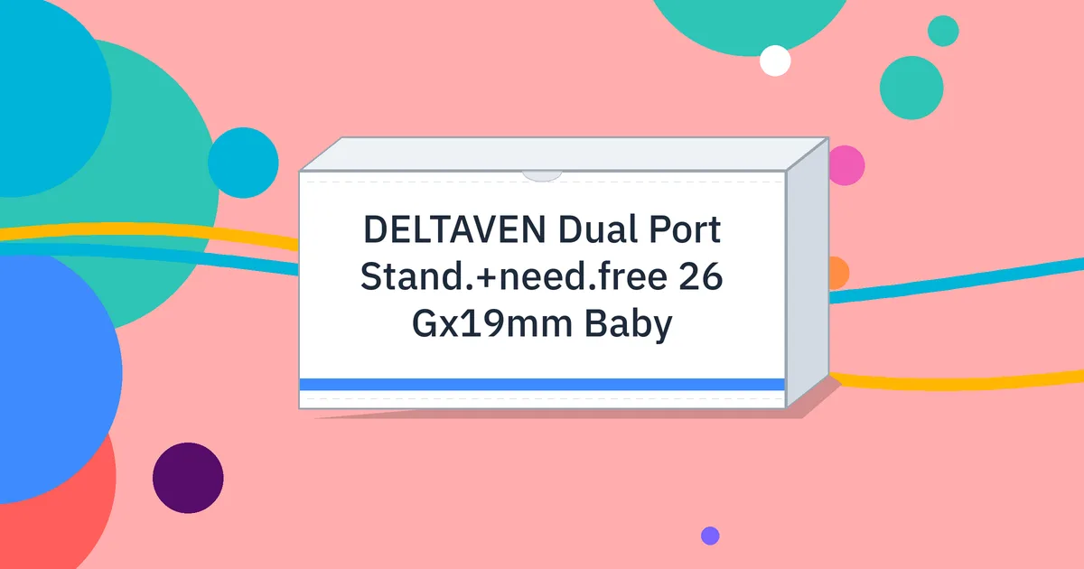 Symbolbild: Packung mit der Aufschrift DELTAVEN Dual Port Stand.+need.free 26 Gx19mm Baby (PZN 18873622) – Verfügbarkeit und Bezug in Apotheken in Frankfurt am Main