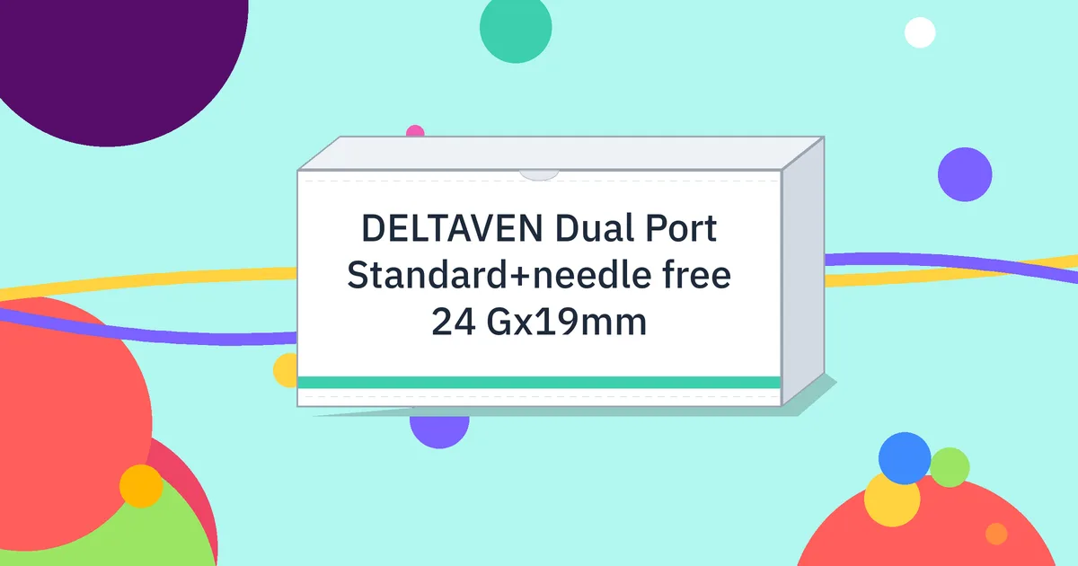Symbolbild: Packung mit der Aufschrift DELTAVEN Dual Port Standard+needle free 24 Gx19mm (PZN 18873639) – Verfügbarkeit und Bezug in Apotheken in Frankfurt am Main