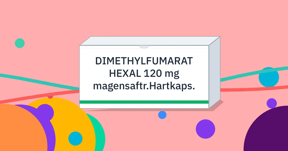 Symbolbild: Packung mit der Aufschrift DIMETHYLFUMARAT HEXAL 120 mg magensaftr.Hartkaps. (PZN 17895099) – Verfügbarkeit und Bezug in Apotheken in Frankfurt am Main