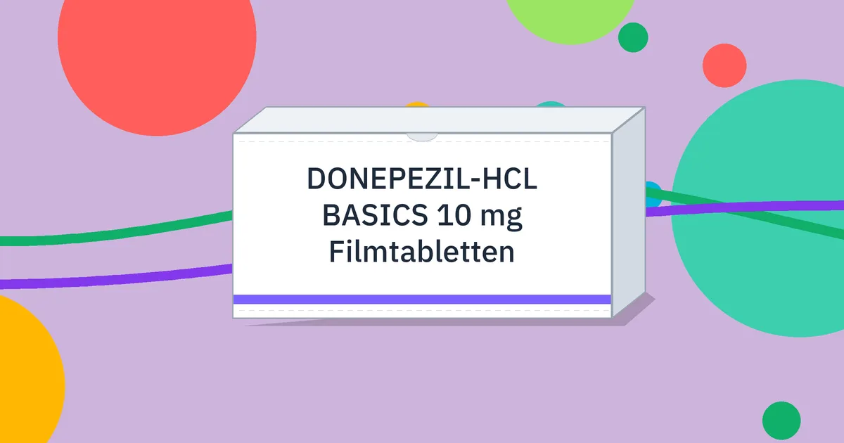 Symbolbild: Packung mit der Aufschrift DONEPEZIL-HCL BASICS 10 mg Filmtabletten (PZN 08845317) – Verfügbarkeit und Bezug in Apotheken in Frankfurt am Main