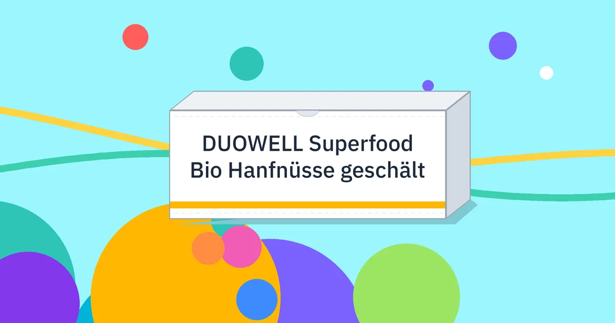 Symbolbild: Packung mit der Aufschrift DUOWELL Superfood Bio Hanfnüsse geschält (PZN 11176475) – Verfügbarkeit und Bezug in Apotheken in Frankfurt am Main