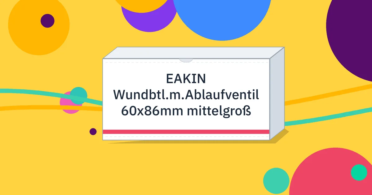 Symbolbild: Packung mit der Aufschrift EAKIN Wundbtl.m.Ablaufventil 60x86mm mittelgroß (PZN 09080325) – Verfügbarkeit und Bezug in Apotheken in Frankfurt am Main