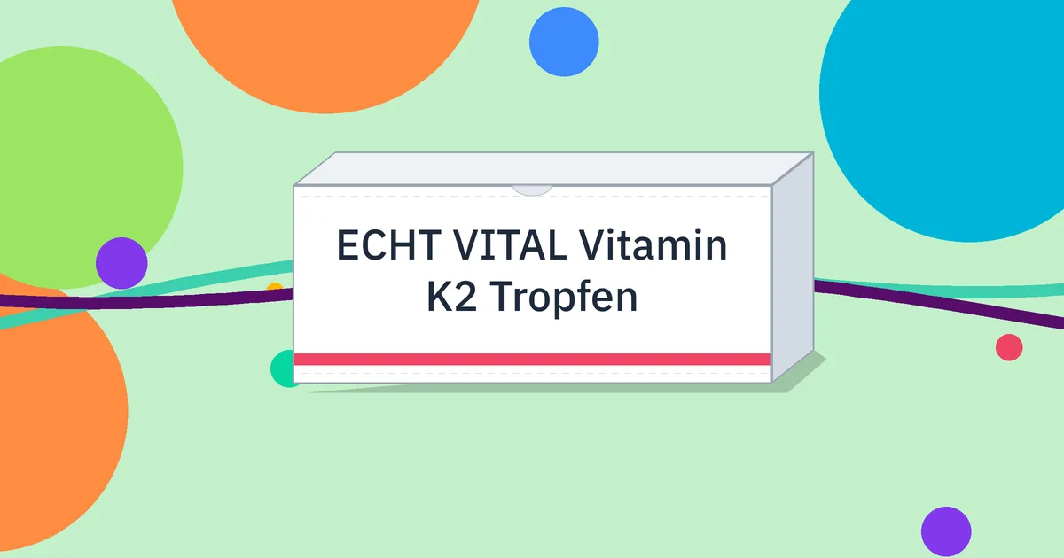 Symbolbild: Packung mit der Aufschrift ECHT VITAL Vitamin K2 Tropfen (PZN 14179818) – Verfügbarkeit und Bezug in Apotheken in Frankfurt am Main