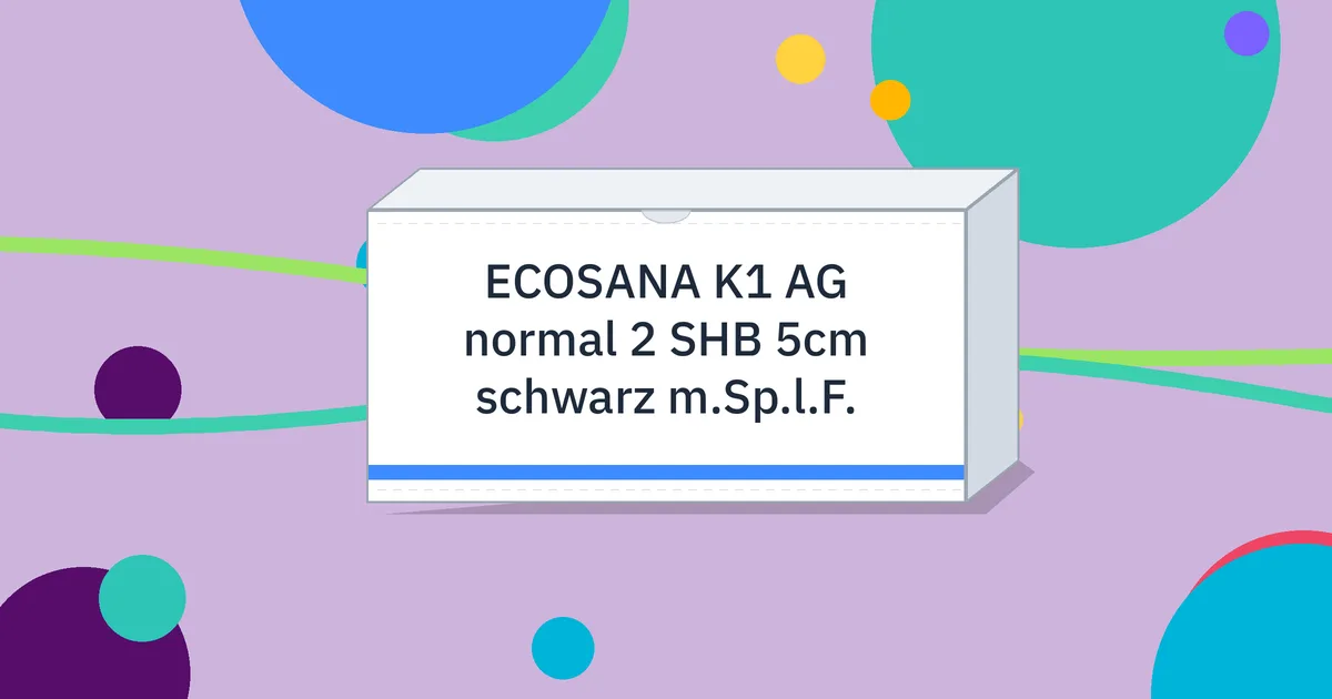 Symbolbild: Packung mit der Aufschrift ECOSANA K1 AG normal 2 SHB 5cm schwarz m.Sp.l.F. (PZN 04726426) – Verfügbarkeit und Bezug in Apotheken in Frankfurt am Main