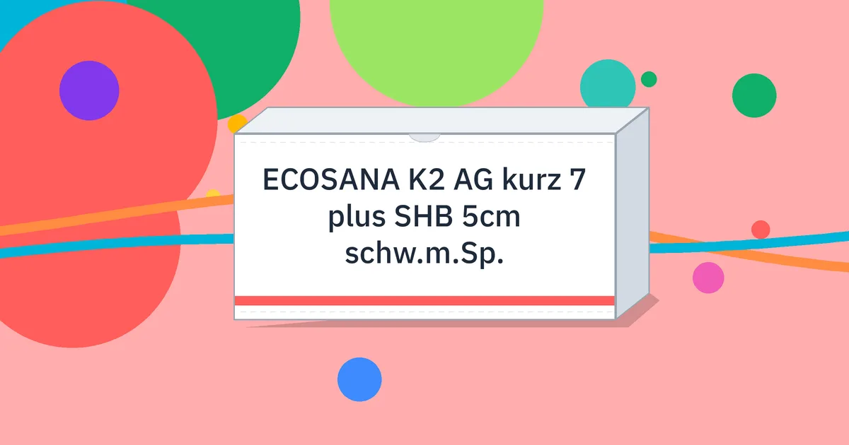 Symbolbild: Packung mit der Aufschrift ECOSANA K2 AG kurz 7 plus SHB 5cm schw.m.Sp. (PZN 01530527) – Verfügbarkeit und Bezug in Apotheken in Frankfurt am Main