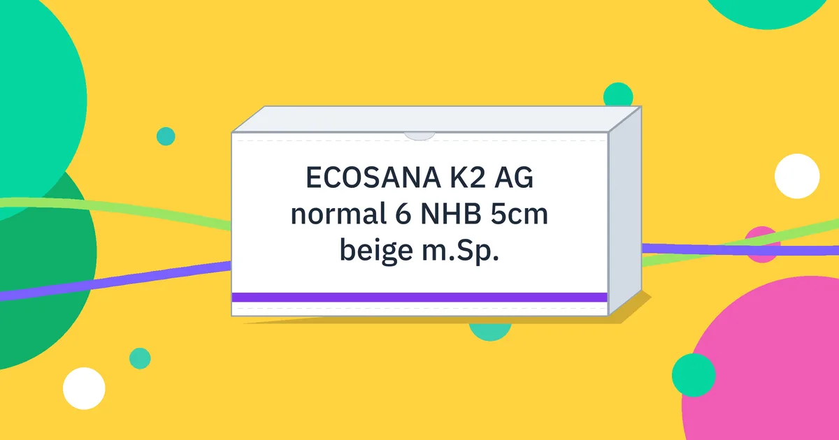 Symbolbild: Packung mit der Aufschrift ECOSANA K2 AG normal 6 NHB 5cm beige m.Sp. (PZN 01500615) – Verfügbarkeit und Bezug in Apotheken in Frankfurt am Main