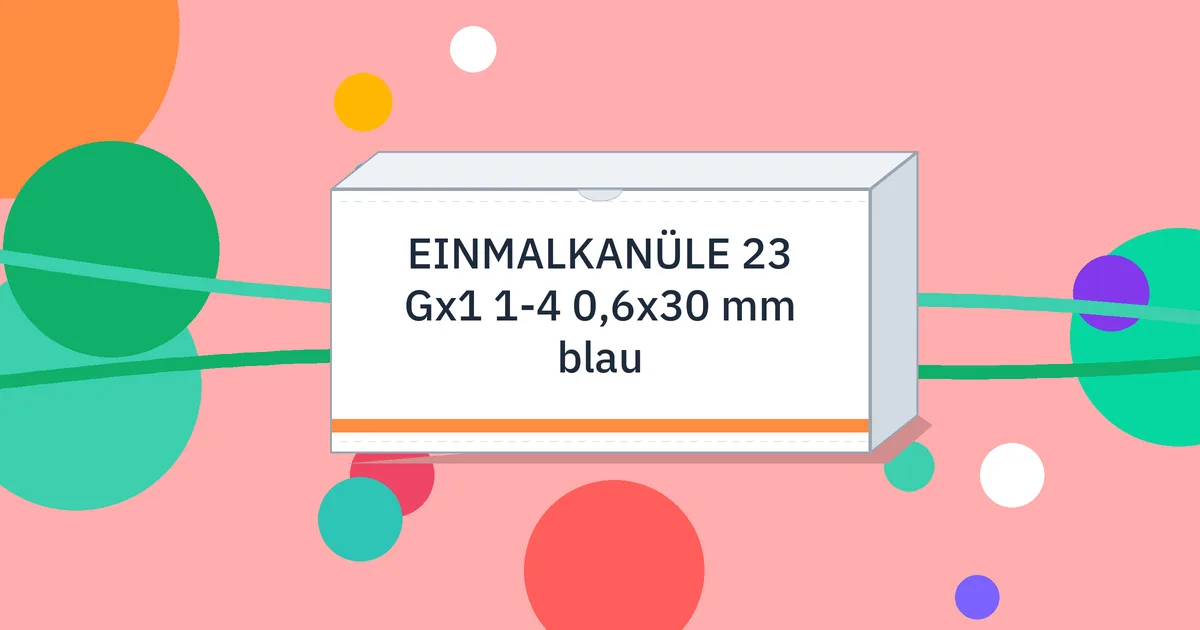 Symbolbild: Packung mit der Aufschrift EINMALKANÜLE 23 Gx1 1-4 0,6x30 mm blau (PZN 18717543) – Verfügbarkeit und Bezug in Apotheken in Frankfurt am Main