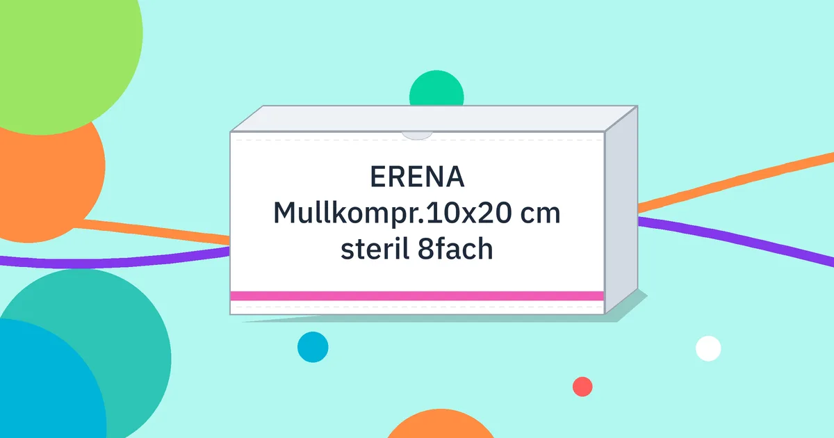 Symbolbild: Packung mit der Aufschrift ERENA Mullkompr.10x20 cm steril 8fach (PZN 03520527) – Verfügbarkeit und Bezug in Apotheken in Frankfurt am Main