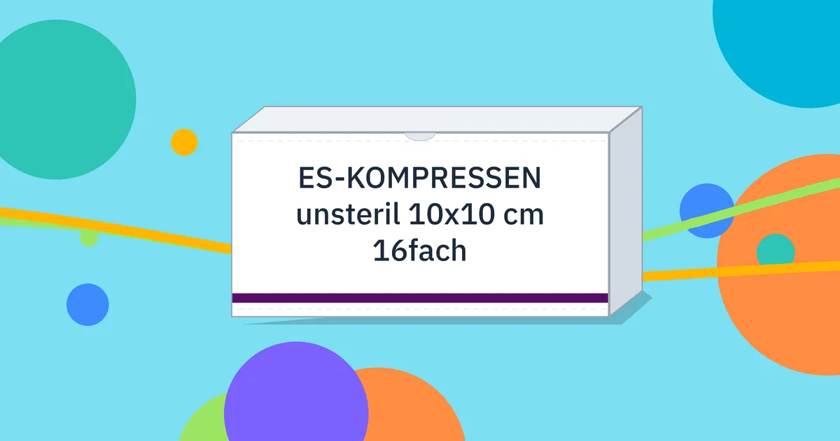 Symbolbild: Packung mit der Aufschrift ES-KOMPRESSEN unsteril 10x10 cm 16fach (PZN 14289725) – Verfügbarkeit und Bezug in Apotheken in Frankfurt am Main