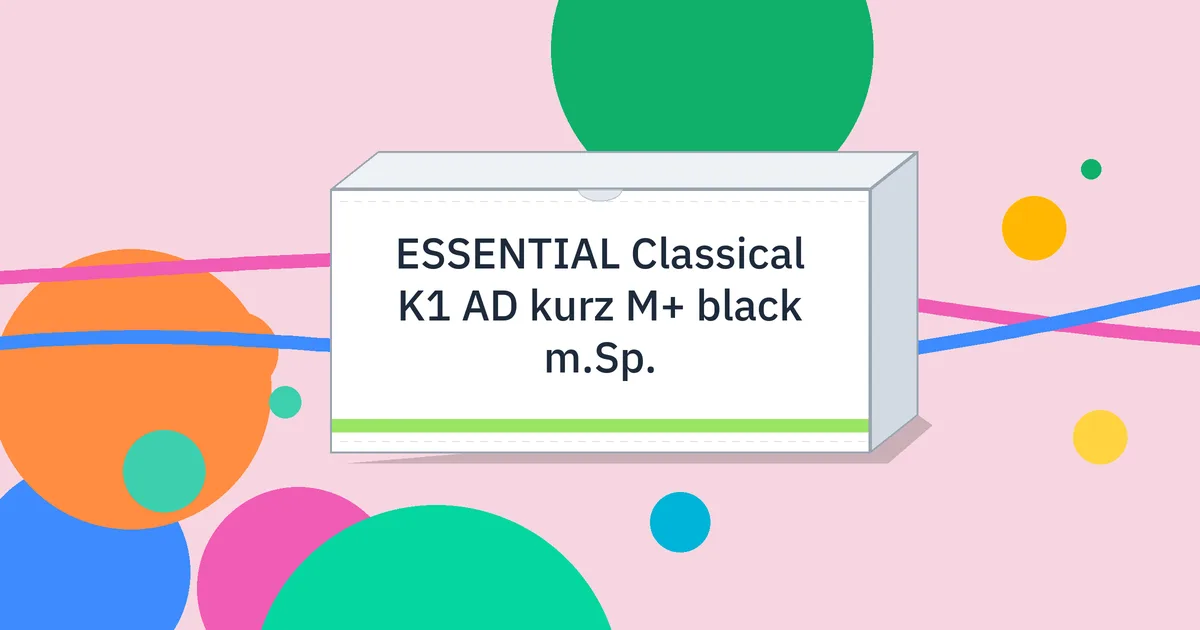 Symbolbild: Packung mit der Aufschrift ESSENTIAL Classical K1 AD kurz M+ black m.Sp. (PZN 17000139) – Verfügbarkeit und Bezug in Apotheken in Frankfurt am Main