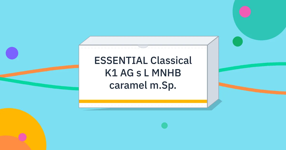 Symbolbild: Packung mit der Aufschrift ESSENTIAL Classical K1 AG s L MNHB caramel m.Sp. (PZN 19321497) – Verfügbarkeit und Bezug in Apotheken in Frankfurt am Main