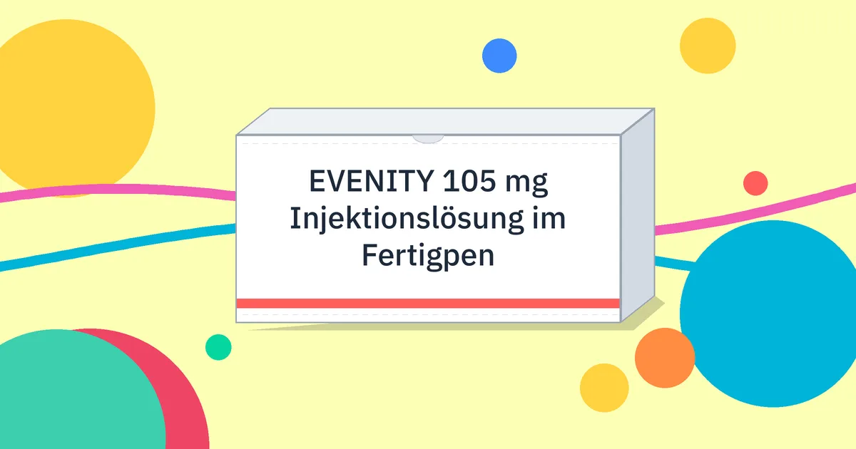 Symbolbild: Packung mit der Aufschrift EVENITY 105 mg Injektionslösung im Fertigpen (PZN 19281881) – Verfügbarkeit und Bezug in Apotheken in Frankfurt am Main