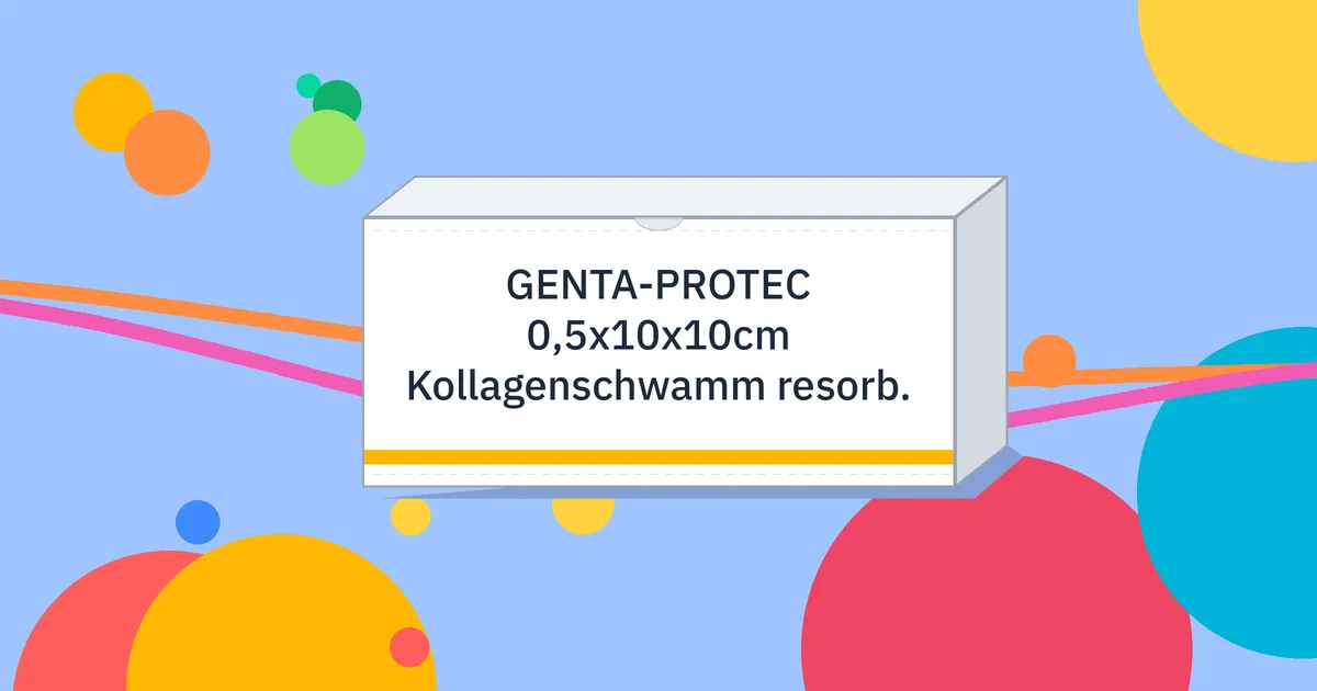Symbolbild: Packung mit der Aufschrift GENTA-PROTEC 0,5x10x10cm Kollagenschwamm resorb. (PZN 18293250) – Verfügbarkeit und Bezug in Apotheken in Frankfurt am Main